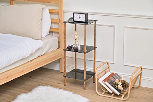 ikloo 3-Tier Metal & Glass Black Shelf, Shelving Display Rack, Open Glass Shelves; Multifunctional Freestanding Storage for Living Room, Bathroom, Home Office, Hallway, Bedroom Organization Rack.