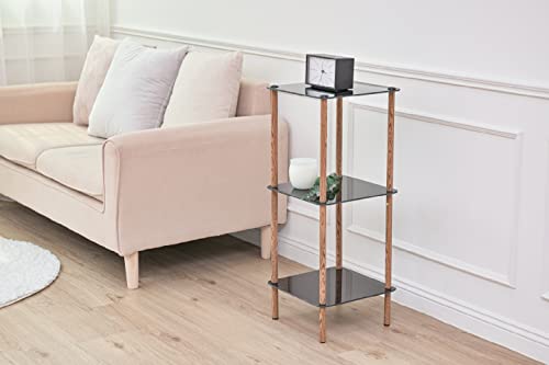 ikloo 3-Tier Metal & Glass Black Shelf, Shelving Display Rack, Open Glass Shelves; Multifunctional Freestanding Storage for Living Room, Bathroom, Home Office, Hallway, Bedroom Organization Rack.