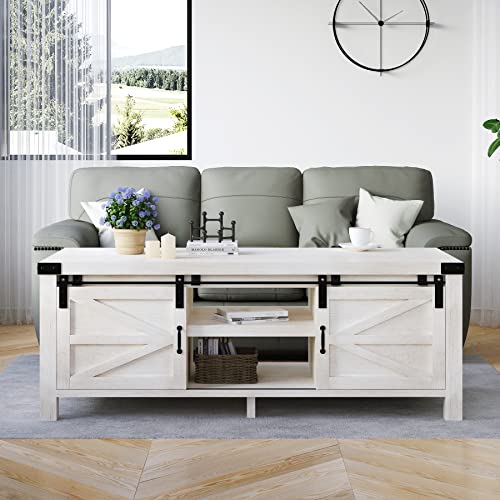 St.Mandyu Farmhouse Coffee Table with Hidden Compartment and Storage Cabinets Shelves, Wood Rectangular Tables with Sliding Barn Doors for Living Room Reception, Wash White