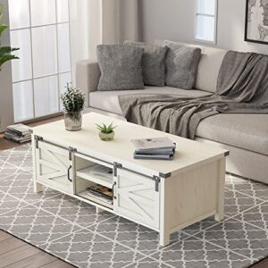 St.Mandyu Farmhouse Coffee Table with Hidden Compartment and Storage Cabinets Shelves, Wood Rectangular Tables with Sliding Barn Doors for Living Room Reception, Wash White