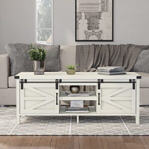 St.Mandyu Farmhouse Coffee Table with Hidden Compartment and Storage Cabinets Shelves, Wood Rectangular Tables with Sliding Barn Doors for Living Room Reception, Wash White