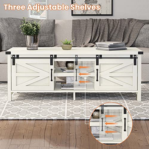 St.Mandyu Farmhouse Coffee Table with Hidden Compartment and Storage Cabinets Shelves, Wood Rectangular Tables with Sliding Barn Doors for Living Room Reception, Wash White