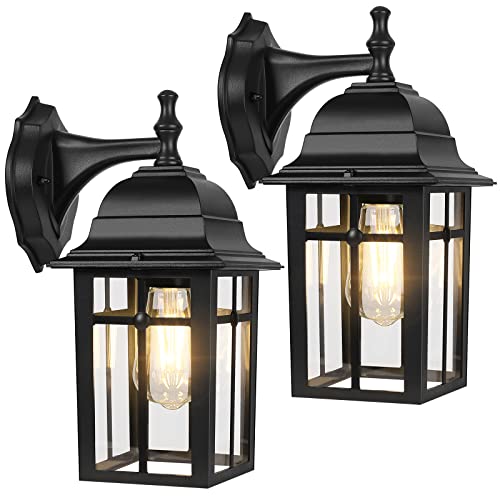 2-Pack Outdoor Wall Lanterns, Exterior Wall Sconce Light Fixture, Waterproof Anti-Rust Aluminum Porch Lights, Clear Glass Black Wall Mount Lighting, E26 Socket Wall Lamps for House(Bulb not Included)