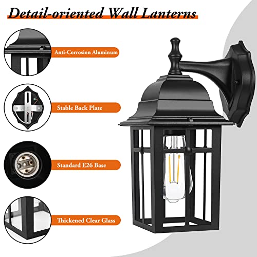 2-Pack Outdoor Wall Lanterns, Exterior Wall Sconce Light Fixture, Waterproof Anti-Rust Aluminum Porch Lights, Clear Glass Black Wall Mount Lighting, E26 Socket Wall Lamps for House(Bulb not Included)