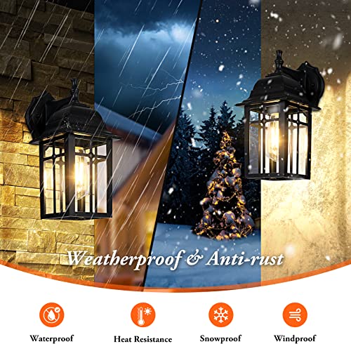 2-Pack Outdoor Wall Lanterns, Exterior Wall Sconce Light Fixture, Waterproof Anti-Rust Aluminum Porch Lights, Clear Glass Black Wall Mount Lighting, E26 Socket Wall Lamps for House(Bulb not Included)