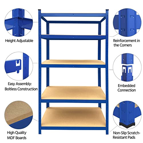 60" Heavy Duty Shelving Unit Metal Shelve, 5 Tier Multi-Use Steel Storage Rack, Bolt-free Assembly, Adjustable Garage Storage Utility Shelf with Durable MDF Boards for Home Office Kitchen, Blue