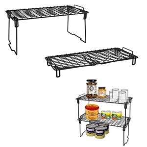 emt etrends stackable storage shelf, 2-tier metal shelves, small mesh folding shelf stand for cabinet, kitchen storage, spice racks, makeup, bathroom organizer rack (2 tier foldable, black)