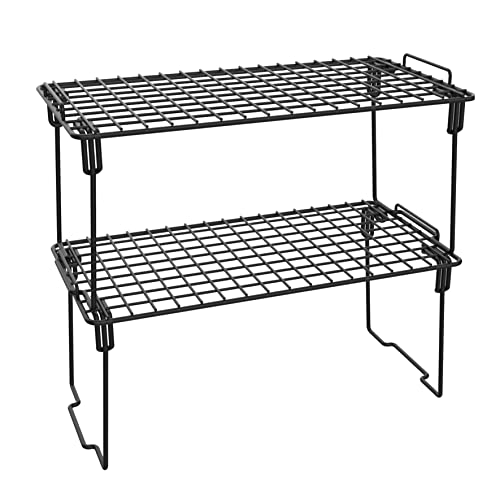 EMT ETRENDS Stackable Storage Shelf, 2-Tier Metal Shelves, Small Mesh Folding Shelf Stand for Cabinet, Kitchen Storage, Spice Racks, Makeup, Bathroom Organizer Rack (2 Tier Foldable, Black)