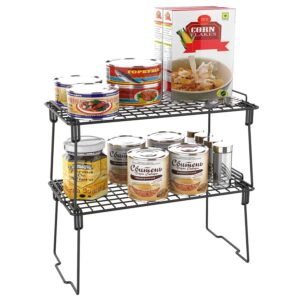 EMT ETRENDS Stackable Storage Shelf, 2-Tier Metal Shelves, Small Mesh Folding Shelf Stand for Cabinet, Kitchen Storage, Spice Racks, Makeup, Bathroom Organizer Rack (2 Tier Foldable, Black)