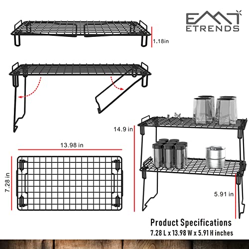 EMT ETRENDS Stackable Storage Shelf, 2-Tier Metal Shelves, Small Mesh Folding Shelf Stand for Cabinet, Kitchen Storage, Spice Racks, Makeup, Bathroom Organizer Rack (2 Tier Foldable, Black)