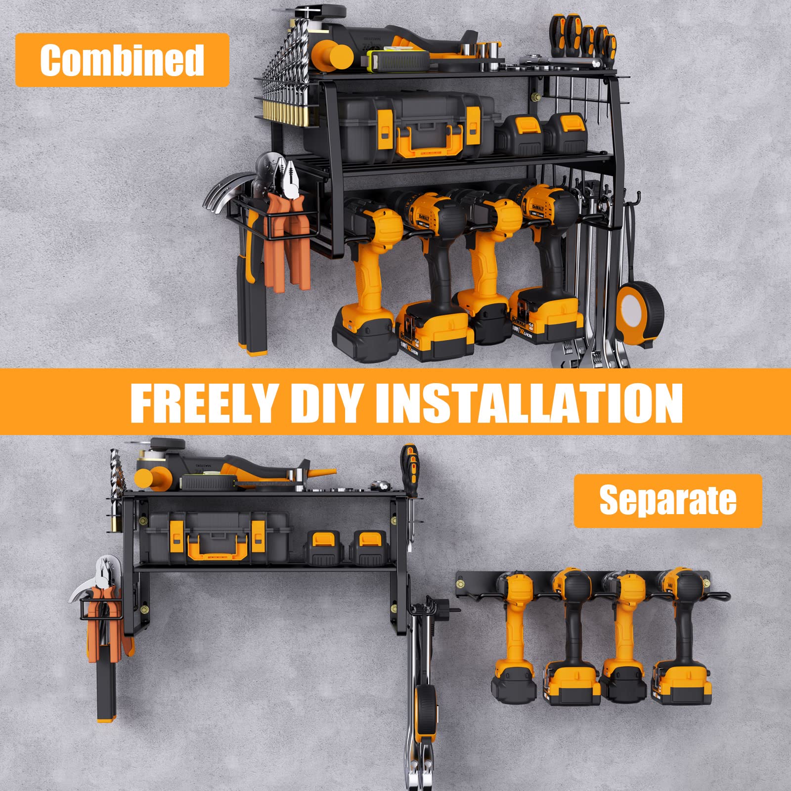 Kayfia Power Tool Organizer Wall Mounted 3 Layer Heavy Duty 160 Lbs Limit Tool Organizers and Storage Separate Drill Holder Utility Racks with Screwdriver/Plier/Hammer/Bit Holder for Garage Workshop