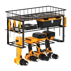 hoyrr power tool organizer, drill holder wall mount, garage tool organizers with 5 drill holders, heavy duty tool shelf with basket, perfect tool organizer gift for father