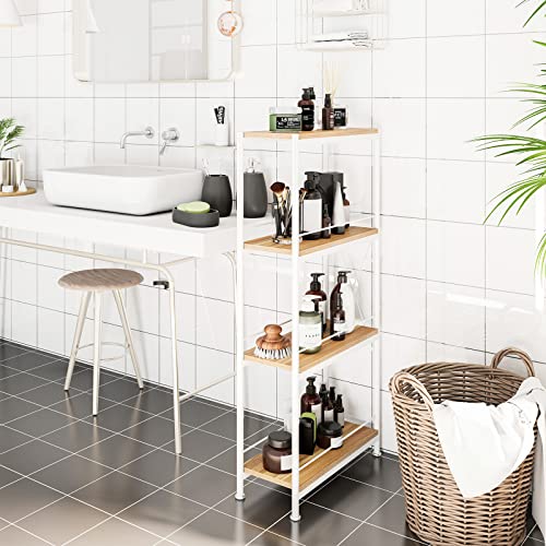 4 Tier Storage Shelves Plus Narrow Shelf Unit Metal Shelves Shelf Free Standing Shelf Organisers Modern Shelf Ladder Shelf Bookshelf for Bathroom Kitchen Bedroom Hallway Steel & Wooden White & Beige