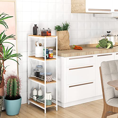 4 Tier Storage Shelves Plus Narrow Shelf Unit Metal Shelves Shelf Free Standing Shelf Organisers Modern Shelf Ladder Shelf Bookshelf for Bathroom Kitchen Bedroom Hallway Steel & Wooden White & Beige