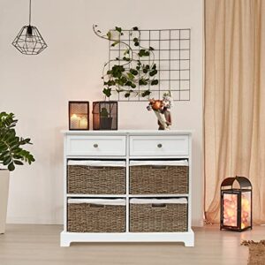 white storage cabinet with baskets, wicker storage cabinet with 2 drawers and 4 wicker baskets, farmhouse wicker basket storage tower for kitchen entryway, wicker dresser, accent table (white)