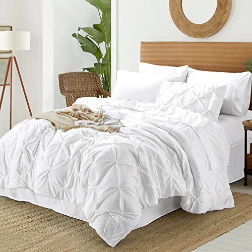 BYSURE 8 Pieces Full/Queen Comforter Sets with Sheets, White Pinch Pleated Oversize Bed in A Bag, Full/Queen Size Microfiber Comforters, Sheets, Pillowcases, Bedskirt & Shams, Big Kids Bedding Set