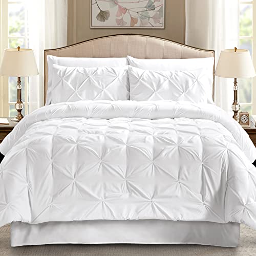 BYSURE 8 Pieces Full/Queen Comforter Sets with Sheets, White Pinch Pleated Oversize Bed in A Bag, Full/Queen Size Microfiber Comforters, Sheets, Pillowcases, Bedskirt & Shams, Big Kids Bedding Set