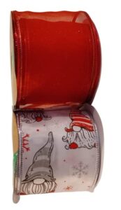 set of 2 spools of wired edge festive holiday christmas ribbon with adorable gnomes & beautiful sparkling red