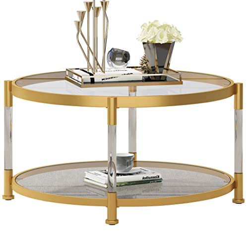 OIOG 2 Tier Coffee Table with Acrylic Legs，32.3" Wide Round Coffee Table with Glass Top, Modern Center Table for Living Room, Studio Apartment，Glass/Gold