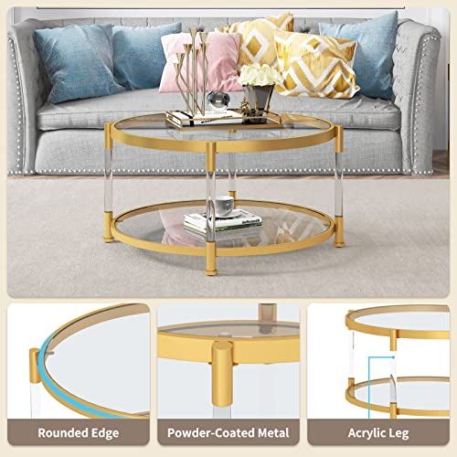 OIOG 2 Tier Coffee Table with Acrylic Legs，32.3" Wide Round Coffee Table with Glass Top, Modern Center Table for Living Room, Studio Apartment，Glass/Gold