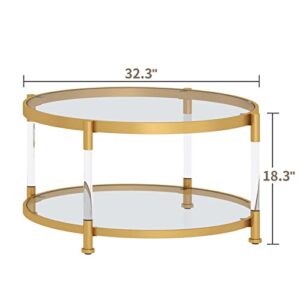 OIOG 2 Tier Coffee Table with Acrylic Legs，32.3" Wide Round Coffee Table with Glass Top, Modern Center Table for Living Room, Studio Apartment，Glass/Gold