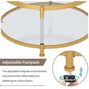 OIOG 2 Tier Coffee Table with Acrylic Legs，32.3" Wide Round Coffee Table with Glass Top, Modern Center Table for Living Room, Studio Apartment，Glass/Gold