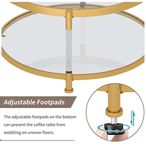 OIOG 2 Tier Coffee Table with Acrylic Legs，32.3" Wide Round Coffee Table with Glass Top, Modern Center Table for Living Room, Studio Apartment，Glass/Gold