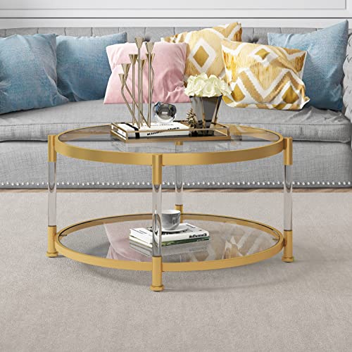 OIOG 2 Tier Coffee Table with Acrylic Legs，32.3" Wide Round Coffee Table with Glass Top, Modern Center Table for Living Room, Studio Apartment，Glass/Gold