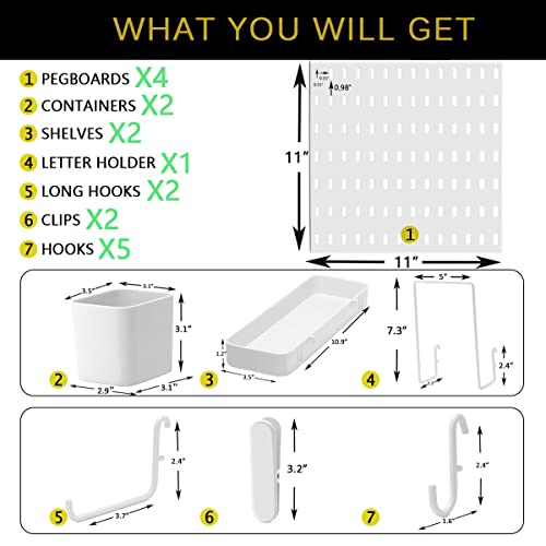 MULSAME Pegboard Combination Kit, Wall Mounted Storage Set with 4 Pegboards & 14 Accessories Hanging, White Peg Boards Organizer for Walls Display, Crafts Organization, Kitchen Organizer, 22" x 22"