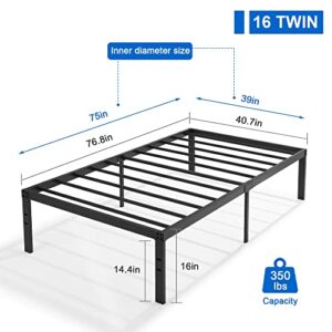 VECELO 16 Inch Twin Metal Platform Tall Bed Frame,Heavy Duty Steel Slat/Easy Assembly Mattress Foundation/No Box Spring Needed