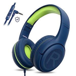 kids headphones for school toddler wired with microphone plug in bulk boys headset girls 3+ year old blue green shareport phones teen volume control airplane two people childrens babies over ear