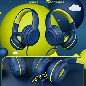 Kids Headphones for School Toddler Wired with Microphone Plug in Bulk Boys Headset Girls 3+ Year Old Blue Green shareport Phones Teen Volume Control Airplane Two People Childrens Babies Over Ear