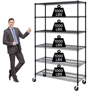 6000lbs capacity heavy duty shelving, 6 tier wire shelving unit on wheels, nsf certified adjustable storage shelves rack for garage pantry basement (18"x 48"x 76", black) (black)