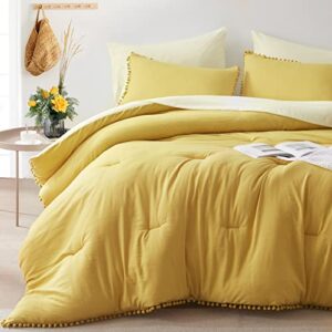 grt queen bed in a bag 7-pieces reversible comforter set queen, pom pom fringe bedding comforter set yellow bed set with comforter, pillow shams, flat sheet, fitted sheet and pillowcases