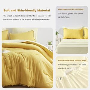 GRT Queen Bed in a Bag 7-Pieces Reversible Comforter Set Queen, Pom Pom Fringe Bedding Comforter Set Yellow Bed Set with Comforter, Pillow Shams, Flat Sheet, Fitted Sheet and Pillowcases