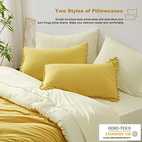 GRT Queen Bed in a Bag 7-Pieces Reversible Comforter Set Queen, Pom Pom Fringe Bedding Comforter Set Yellow Bed Set with Comforter, Pillow Shams, Flat Sheet, Fitted Sheet and Pillowcases