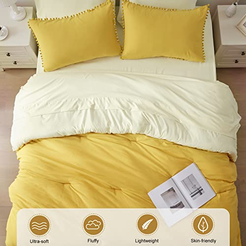 GRT Queen Bed in a Bag 7-Pieces Reversible Comforter Set Queen, Pom Pom Fringe Bedding Comforter Set Yellow Bed Set with Comforter, Pillow Shams, Flat Sheet, Fitted Sheet and Pillowcases