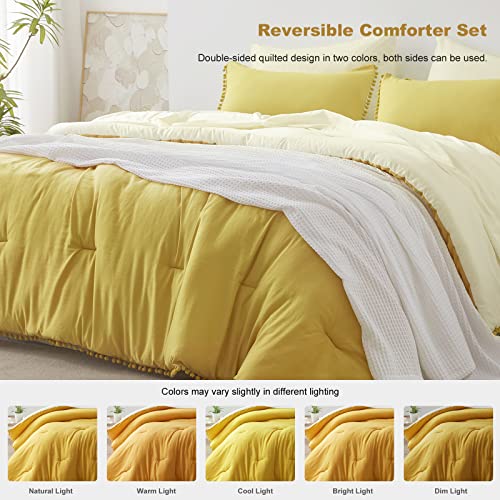 GRT Queen Bed in a Bag 7-Pieces Reversible Comforter Set Queen, Pom Pom Fringe Bedding Comforter Set Yellow Bed Set with Comforter, Pillow Shams, Flat Sheet, Fitted Sheet and Pillowcases