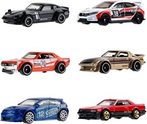 hot wheels 6 pack custom datsun 240z, 2018 honda civic type r, '70 toyota celica, mazda rx-7, subaru wrx sti, and '82 nissan skyline