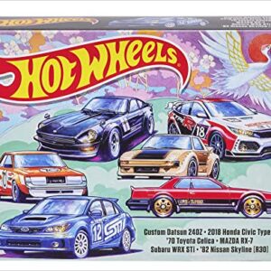 Hot Wheels 6 Pack Custom Datsun 240z, 2018 Honda Civic Type R, '70 Toyota Celica, Mazda RX-7, Subaru WRX STi, and '82 Nissan Skyline