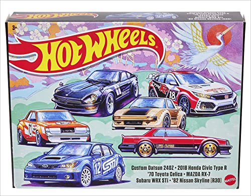 Hot Wheels 6 Pack Custom Datsun 240z, 2018 Honda Civic Type R, '70 Toyota Celica, Mazda RX-7, Subaru WRX STi, and '82 Nissan Skyline