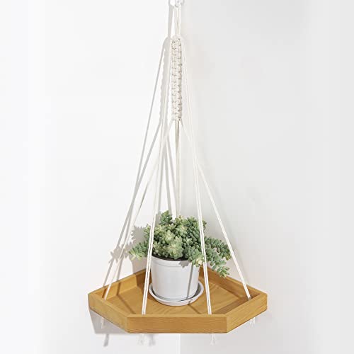 Petrala Hanging Corner Shelf, Boho Rustic Farmhouse Macrame Pine Wood Wall Hanging Decor Plant Display Storage Rack Bookshelf Corner Wall Shelf for Living Room Bedroom Bathroom Office