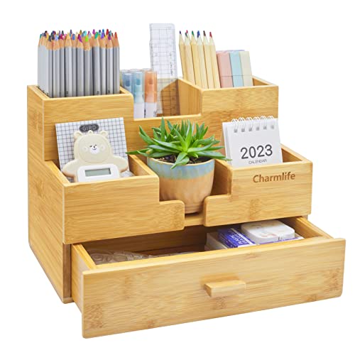 Charmlife Bamboo Desk Organizer Makeup Storage Drawer 3-Layer Tabletop Drawers 100% Natural Bamboo Desktop Drawer Organizer Drawer Desk Organizer Office Organization No Assembly Required