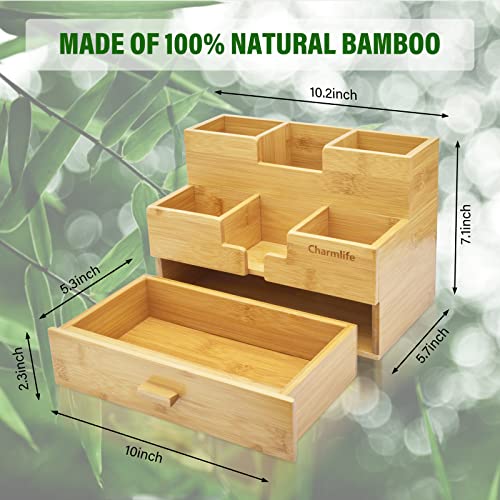 Charmlife Bamboo Desk Organizer Makeup Storage Drawer 3-Layer Tabletop Drawers 100% Natural Bamboo Desktop Drawer Organizer Drawer Desk Organizer Office Organization No Assembly Required