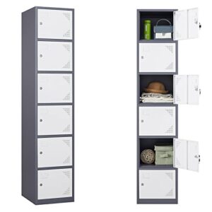 metal lockers for employees - 71" storage locker cabinet large employee lockers with 6 doors - 6 tier steel lockers for kids bedroom, gym, school, office, garage (6 doors, white grey)