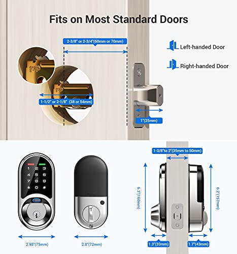 Veise Smart Lock, Fingerprint Door Lock, 7-in-1 Keyless Entry Door Lock with App Control, Electronic Touchscreen Keypad, Smart Deadbolt, Biometric Smart Locks for Front Door, Satin Nickel