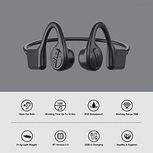 ROPASOMIC Bone Conduction Headphones, 12 Hours Playtime Bluetoeth 5.3 Headset Open Ear Wireless Earphone - IP55 Sweatproof Built-in Mic,Perfect for Running Cycling Hiking Workouts(Black)