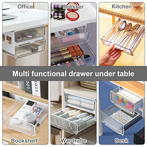 Ceuku Under Desk Drawer Organizer 2 Layers Hidden Drawer, Clear Plastic Attachable Desk Drawer Easy to Install Under Table Drawer Self- adhesive Under Desk Organizer for Office, Wardrobe or kitchen