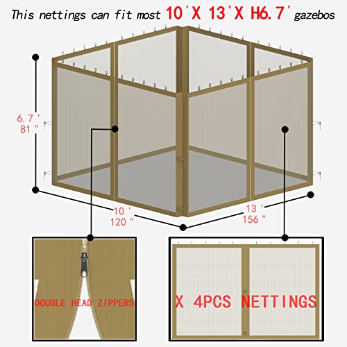 10-ft x 13-ft Gazebo Netting Replacement,Universal 4-Panel Mosquito Netting for Gazebo with Zippers(Only Netting)-Taupe