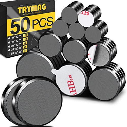 TRYMAG Small Magnets for Crafts with Adhesive Backing, 5 Different Size, 50Pcs Strong Round Circle Magnets Ceramic Industrial Magnets, Flat Ferrite Craft Magnets for Refrigerator, Button, Hobbies